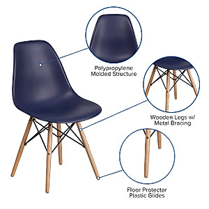 Flash Furniture 2 Pack Elon Series Navy Plastic Chair with Wooden Legs for Versatile Kitchen, Dining Room, Living Room, Library or Desk Use