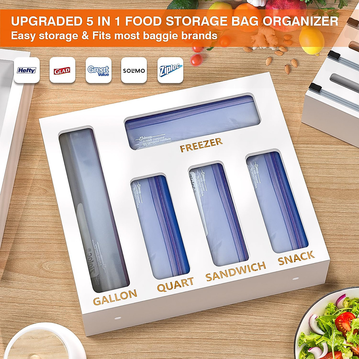 DALSHABET 9 IN1 Bamboo Storage Bag Drawer Organizer with Cutter, Foil and Plastic Wrap Dispenser for Kitchen Storage Compatible with All Brands Gallon, Quart, Sandwich & Snack Size Bags - White