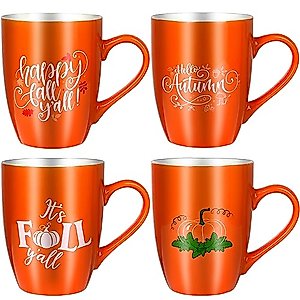 4 Pcs Fall Coffee Mugs 11 oz Fall Autumn Pumpkin Mug Happy Fall Y'all Ceramic Cups Orange Autumn Fall Home Decor Kitchen Accessories Camp Campfire Tea Cup Thanksgiving Gift for Mom Dad Grandpa Grandma