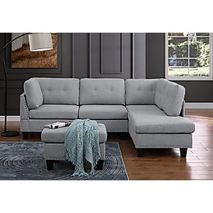 BEEY Modular Sectional Sofa Couch with Reversible Chaise, 3-Seat L Shaped Sectional Couch with Ottoman for Living Room, Right Facing Couch, Light Grey