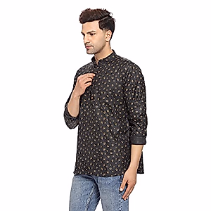 ITOS365 Men's Tunic Cotton Short Kurta Button Down Shirt Indian Clothing Casual Party Dress Gifts Items Black Medium