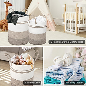 2 Pack Large Tall Rope Laundry Baskets, Cotton Laundry Hamper, Dirty Clothes Hampers Woven Basket, Blanket Basket Storage for Living Room, Dirty Clothes Baskets for Bedroom, Baby Room, 58L&28L Khaki