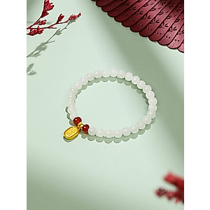 ZHOU LIU FU 24K Solid Gold Bracelets, Real Pure Gold Jewelry White Nephrite Jade Beaded Bracelets Dainty Gold Fortune Plate for Women Men Teen Girls