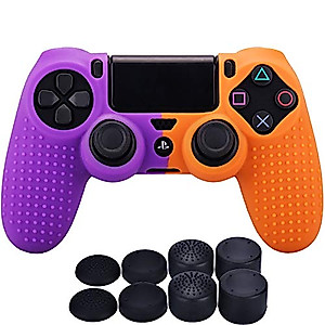 YoRHa Studded Dots Silicone Rubber Gel Customizing Cover for Sony PS4/slim/Pro Dualshock 4 Controller x 1(Orange&Purple) with Pro Thumb Grips x 8
