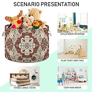 Kigai Boho Style Ethnic Pattern Storage Basket, Collapsible Round Toy Storage Bin, 20 x 14 Inches Laundry Basket with Handles, for Bedroom Living Room