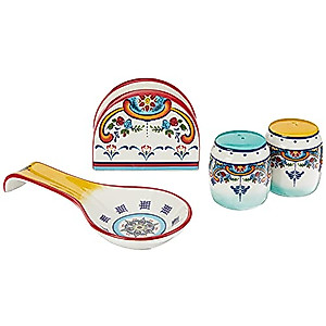 Euro Ceramica Zanzibar Collection Vibrant Ceramic Tableware Necessities, 4 Piece Completer Set, Spanish Floral Design, Multicolor