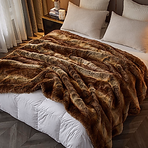 HOMFINE Luxury Faux Fur Blanket - Super Thick Warm Long Fluff Fuzzy Throw Blanket for Bed, Sofa, Couch, Home Decor with Soft Cozy Plush Velvet Back, 60"x80", Deluxe Brown