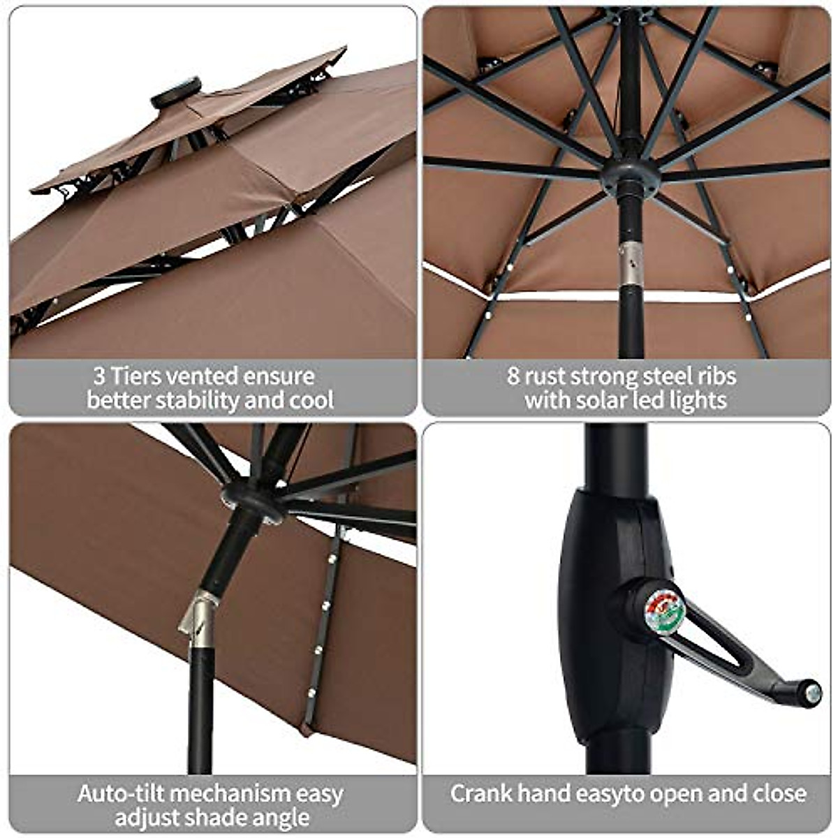 Klismos 10FT 3 Tiers Patio Umbrella with Lights Windproof Outdoor Market Umbrella Large Waterproof Table Umbrella with Tilt and Crank(Coffee)
