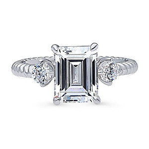 BERRICLE Sterling Silver 3-Stone Wedding Engagement Rings Emerald Cut Cubic Zirconia CZ Woven Ring for Women, Rhodium Plated Size 6