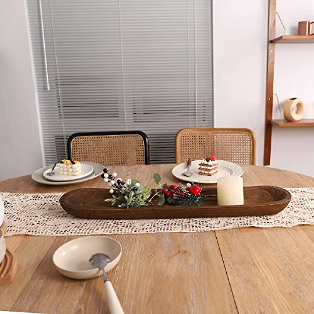 Uziass Wood Dough Bowl, 23.5in Hand Carved Rustic Long Wooden Dough Bowls for Decor Long Wood Dough Bowl Farmhouse Decorative Fruits Wooden Bowls for Dining Table Centerpiece Countertop Home Kitchen