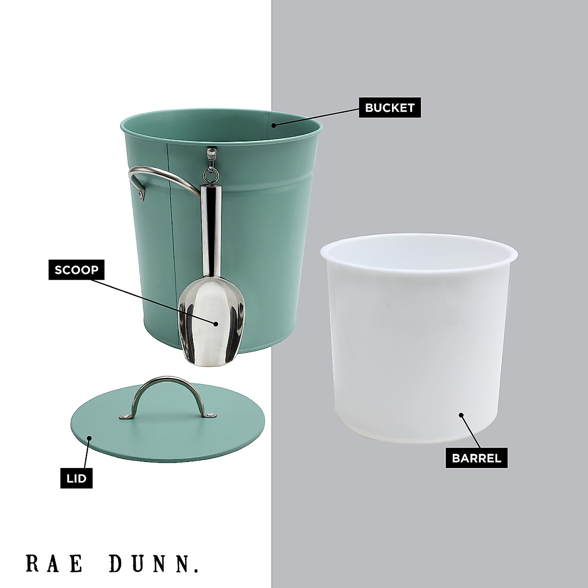 Rae Dunn Ice Bucket with Scoop - Stainless Steel Bucket with Handle, Lid and Ice Scooper - 4 Qt. Storage Bin for Ice Cubes for Bars, Parties, Backyard Barbeques, Picnics, and Camping (Sage)