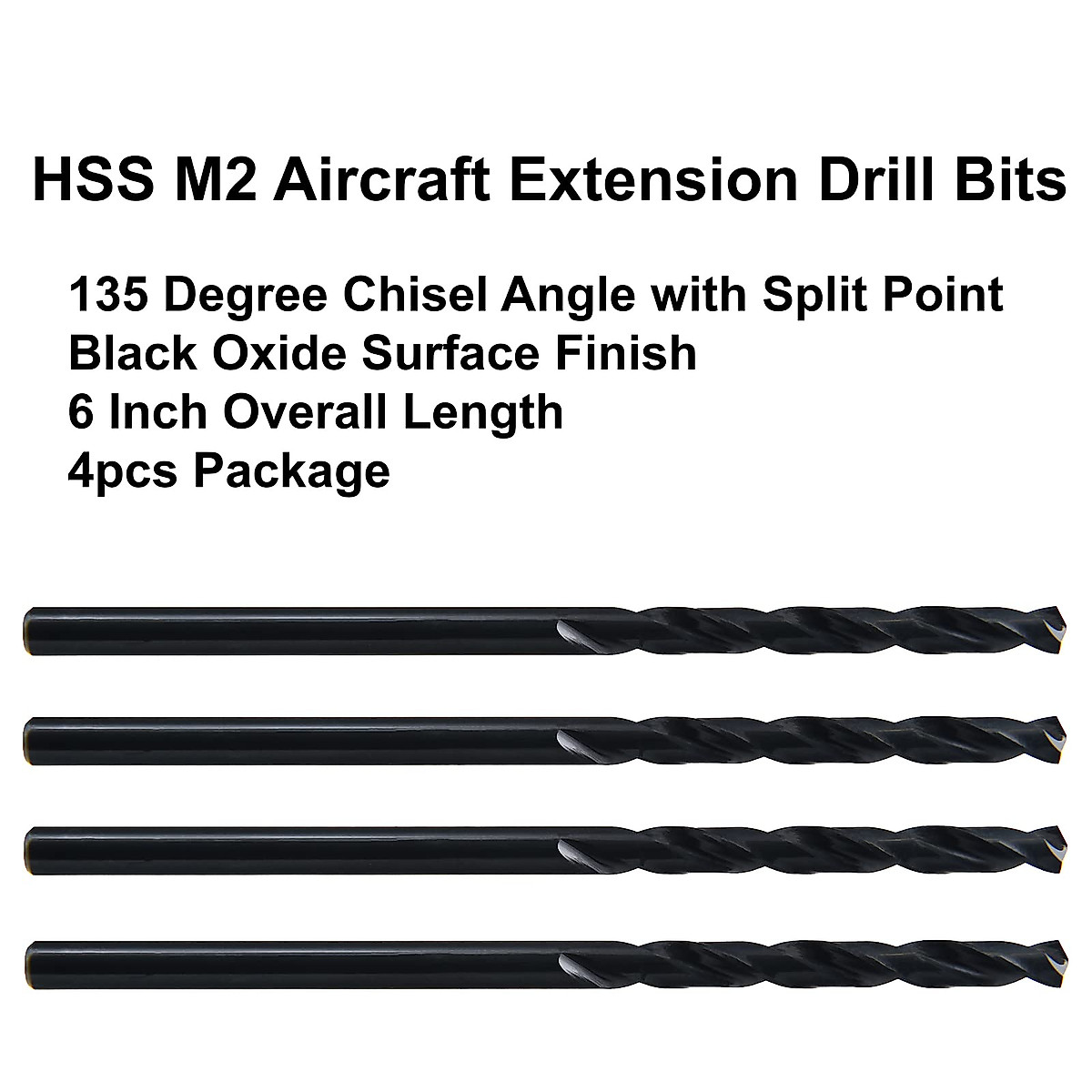 MAXTOOL 5/16"x6" 4pcs Identical Aircraft Extension Drills HSS M2 Extra Long Deep Twist Drill Bits Straight Shank Fully Ground Black; ACF02B06R20P4