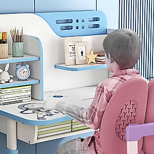 BENBOR Kids Desk Chair Set,Height Adjustable Children School Study Desk Chair Set,Multifunctional Writing Desk Table with Drawer,Bookstand,Ergonomic Learning Drawing Table for Girl Boy (Blue C)