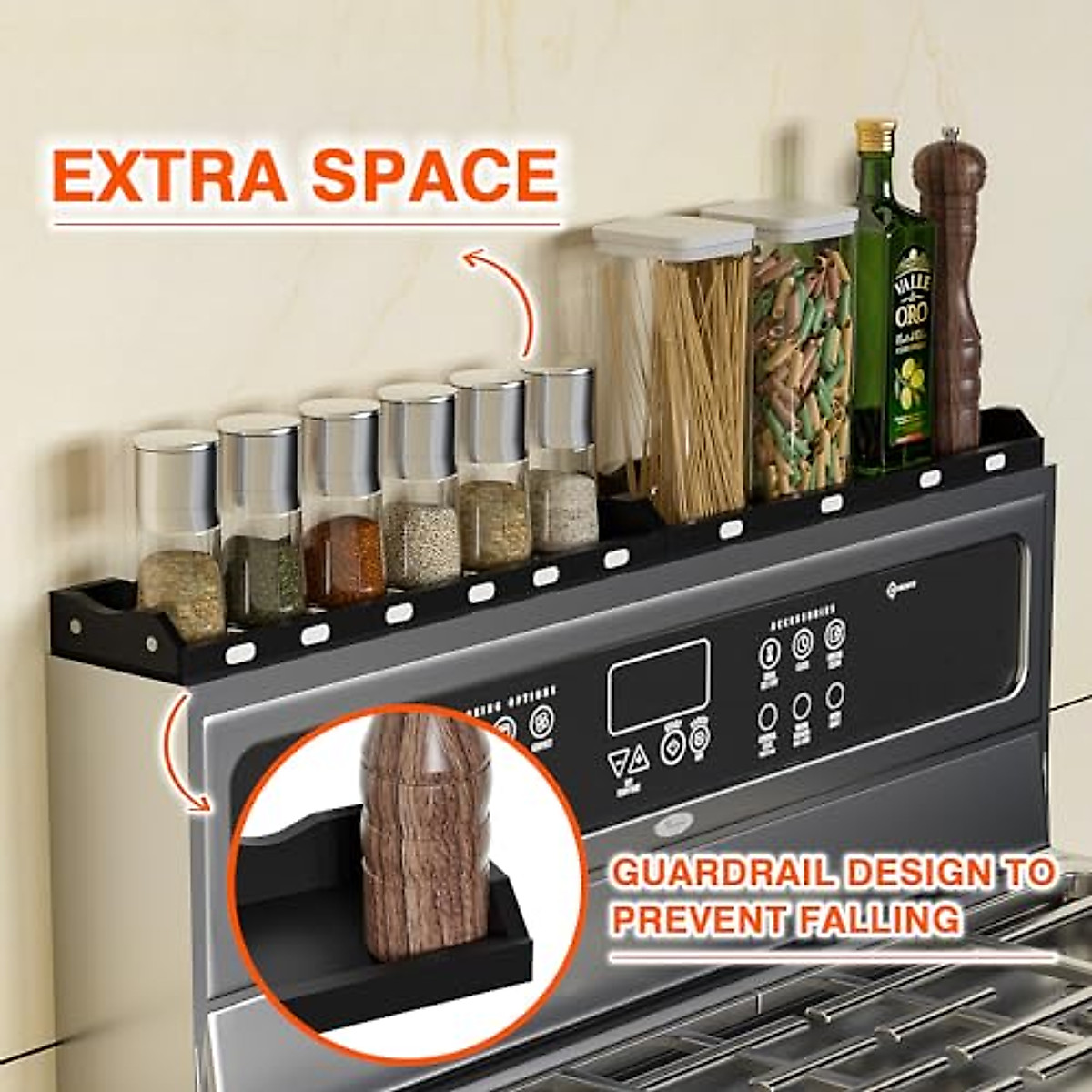 DALSHABET Bamboo Stove Top Magnetic Shelf Rack, Kitchen Organizer Spice Rack Over The Stovetop Shelf with Labels- Black (15"×2 Pieces Up to 30" Length)