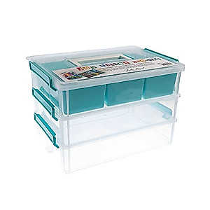 Joy Filled Storage - 3 Clear Stackable Containers with Handle and 6 Compartment Insert (10x7x2.5in) - with Turquoise Detail for Craft, Ideal for Food Storage and Organizing Containers