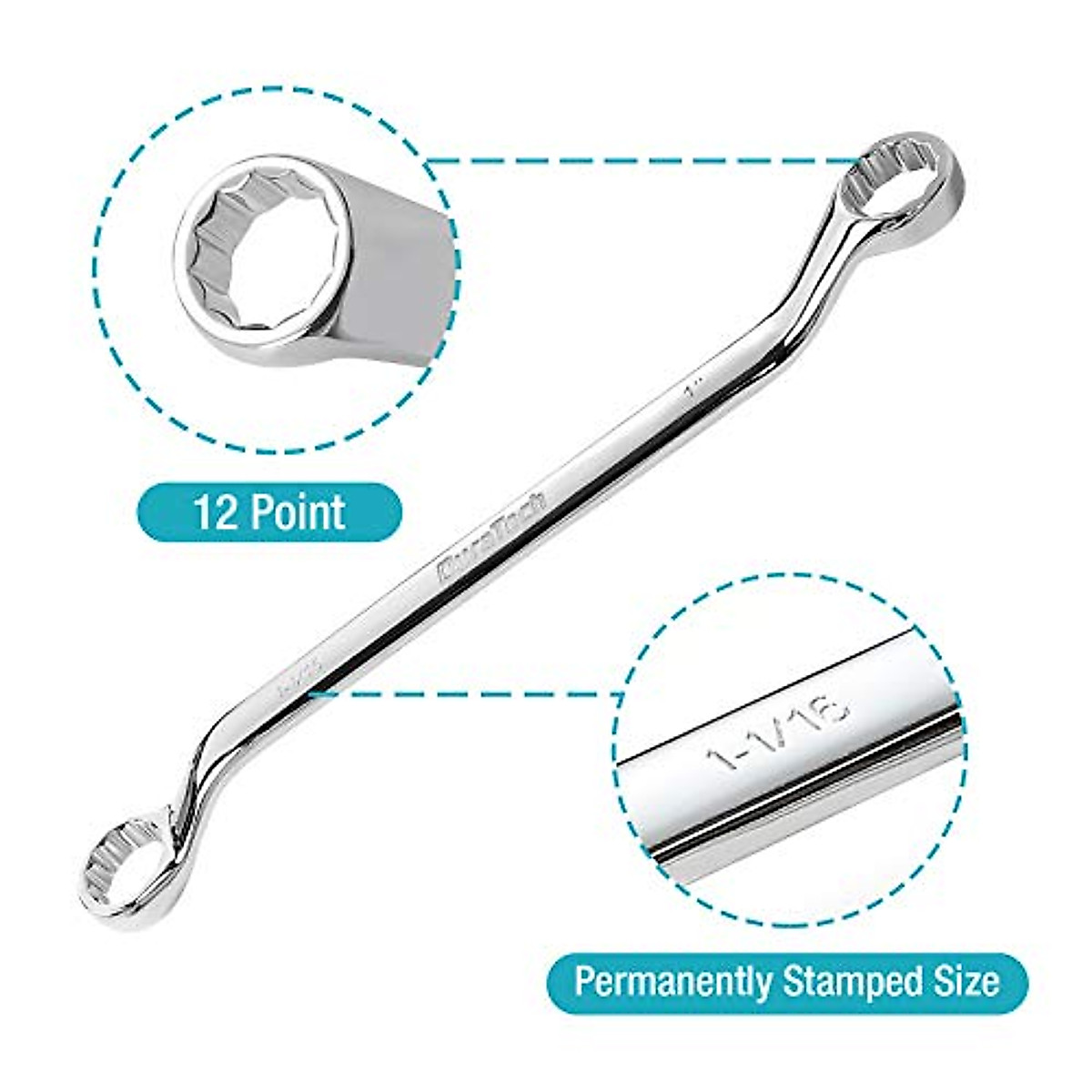 DURATECH 50-Degree Offset Wrench Set, SAE, Double Box End Wrench Set, 8-Piece, 1/4'' to 1-1/4'', 12 Point, CR-V Steel, with Easy Hang Rolling Pouch