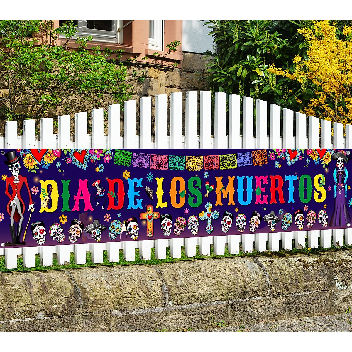 Dia De Los Muertos Decorations Day of the Dead Banner Yard Sign Backdrop Banner with Floral Sugar Skull for Indoor Outdoor Mexican Themed Party Halloween Decorations Supplies