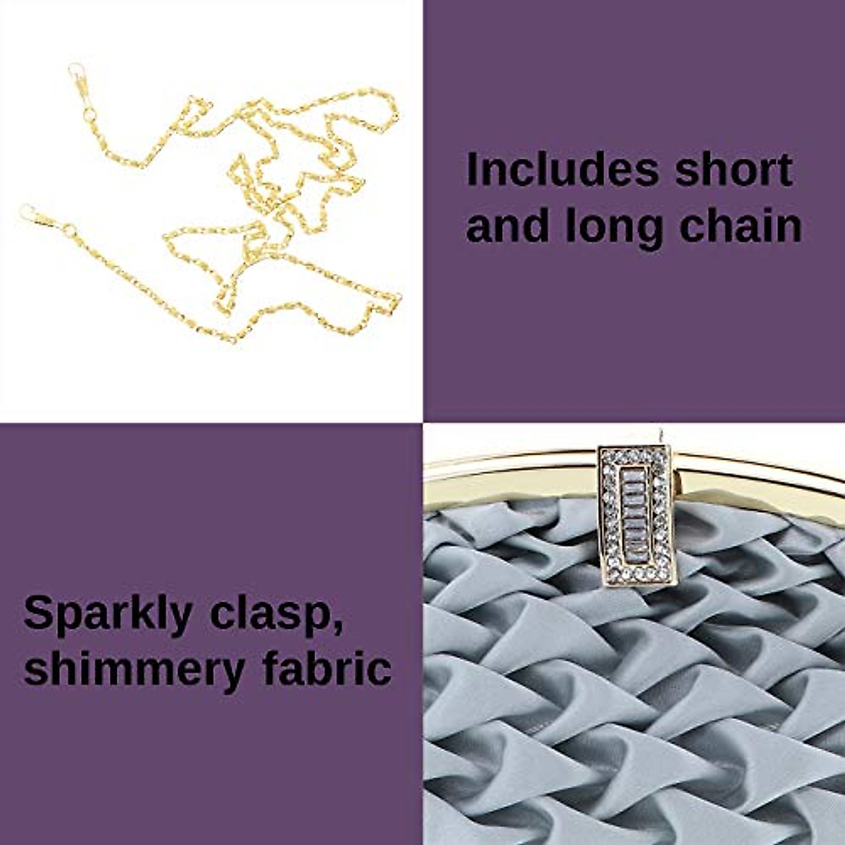 SandT Collection Elegant Evening Ruched Handbag with Gold Chain-Silver