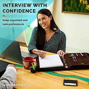 Wundermax 13x10.7x1.9in Vegan Leather Padfolio for Men/Women with Handle, Zipper, Notepad, Detachable Binder, Tablet Pocket - Brown