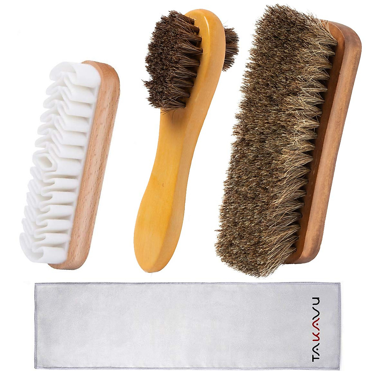 TAKAVU Shoe Shine Brushes Kit (4PCS) - 100% Soft Horsehair Bristles Brush, Polish Applicator, Crepe Suede Shoes Brush, Microfiber Buffing Cloth for Shoes, Leather, Boot, Cloth, Bag