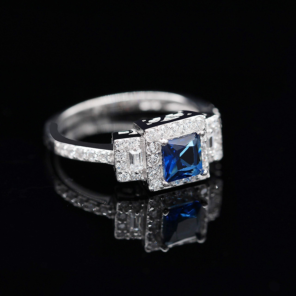 Uloveido Women's 925 Sterling Silver Cushion Cut Dark Blue and White Cubic Zirconia Hollow Cross Anniversary Birthday Rings Gift for Wife Girl-Friend (Blue, Size 6 JZ102