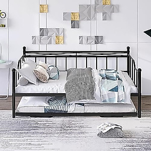 SYING88 Full Size Daybed with Trundle Heavy-Duty Metal Day Bed Frame Portable Folding Trundle with Twin Size Adjustable Trundle Beds for Living Room Bedroom Kids Teens Adults (Black)