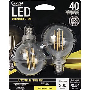 Feit Electric - Decorative Clear Glass Filament LED Dimmable 40W Equivalent Soft White (2700K) Globe Bulb, Pack of 2 (BPG1640/827/LED/2)