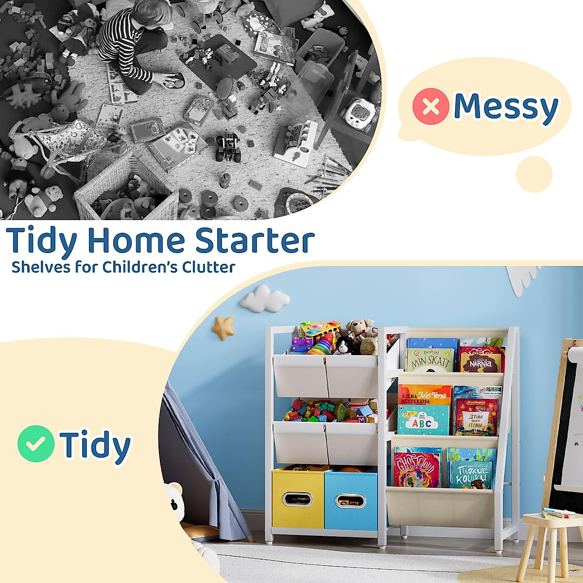 Kids Bookshelf Toy Storage Organizer - Book Shelf for Kids Rooms, 6 Toy Bins for Kids Organizer and 3 Sling Kids Bookcase, Toddler Baby Montessori Nursery Bookshelf Childrens Book Rack Display