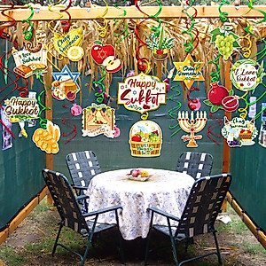 HOWAF 30pcs Happy Sukkot Hanging Swirls, Happy Sukkot Party Decoration Foil Swirls, I Love Sukkot Ceiling Swirls, Chag Sameach Harvest Hanging Streamer for Jewish Festival Holiday Party Supplies