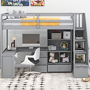 Wood Loft Bed Twin Size, Multifunctional Twin Bed Frame with L-Shaped Desk and Drawers, Cabinet and Storage Staircase, Gray