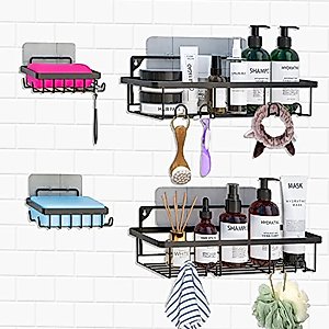 Ginkgo Shower Caddy 4-Pack, Adhesive Shower Organizer Shelf with Hooks + 2 Soap Holders, No Drilling Wall Mount Stainless Steel Shower Shelves Bathroom Basket Rack for Shower Storage (Matte Black)