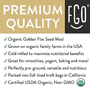 FGO Organic Ground Golden Flaxseed Meal, Cold Milled, Grown in USA, 16oz, Packaging May Vary (Pack of 1)