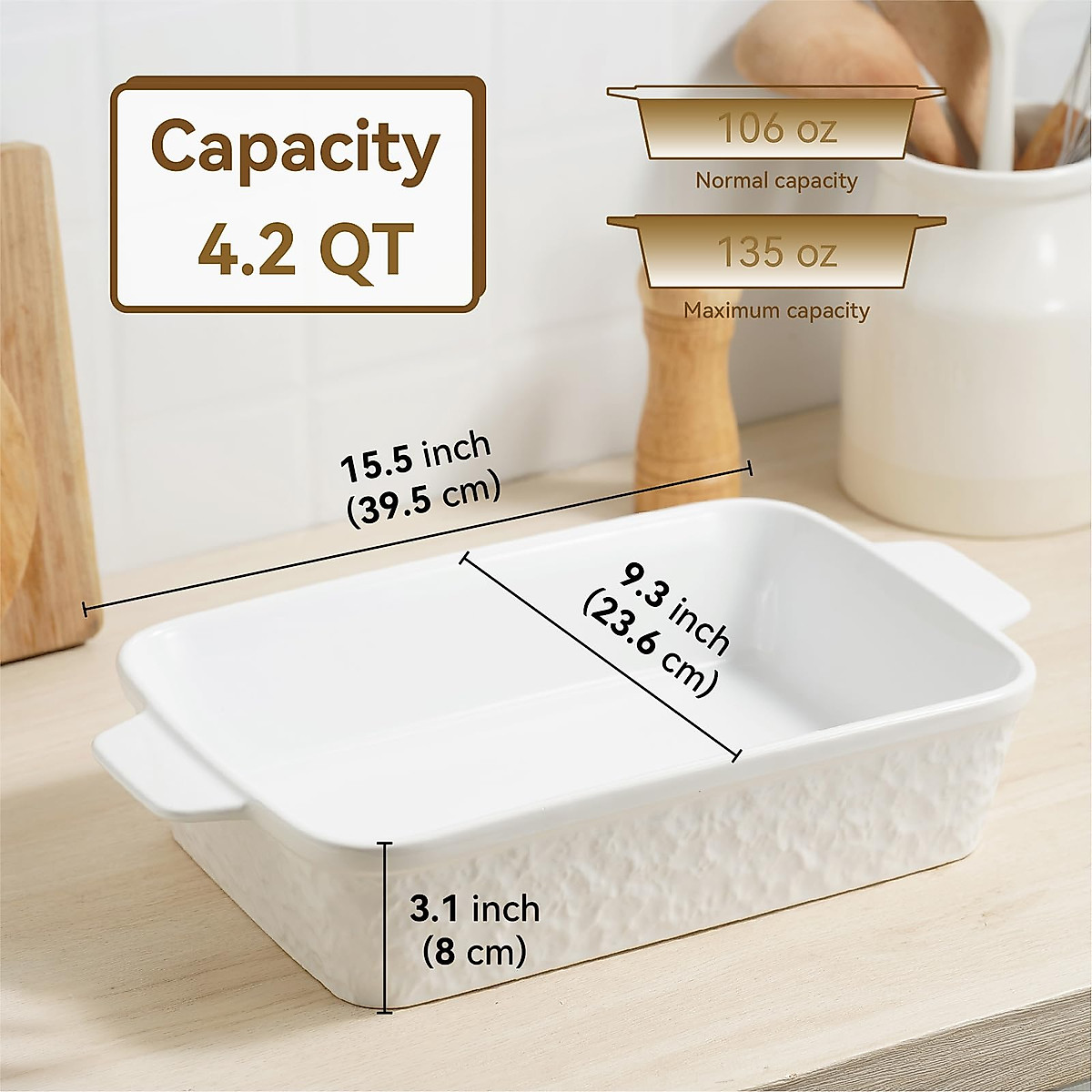 Dafuceramic Casserole Dish for Oven, 4.2 QT Baking Dish, 9x13 Large Porcelain Baking Pan, Durable Rectangular Lasagna Pan Deep with Handles, Microwave Oven Safe