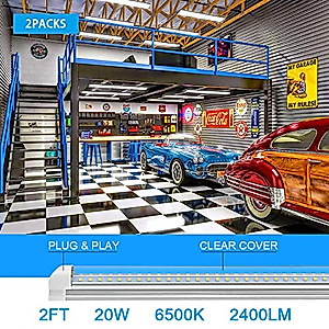 CNSUNWAY 2FT LED Shop Light, 20W 2500LM 6500K Super Bright, T8 LED Light Fixture, Clear Cover, Ceiling and Utility, V Shape, Linkable Tube Lights for Room, Garage, Workbench (2 Pack)