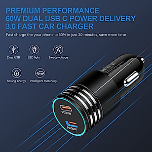 USB C Fast Car Charger for Samsung Galaxy S23/S23 Ultra/S23+/S22 Ultra/S22+/S21 FE S20 Z Flip 4 A53 A03S A13 A12 A32,Google Pixel 7 6 Pro 6a 5a 5 4 3a XL,60W 2-Port Type C Car Adapter+USB C to C Cable