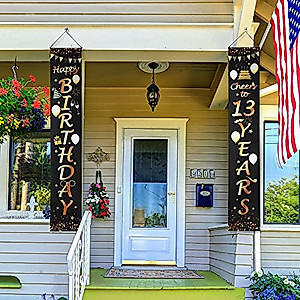 2 Pieces Happy 13th Birthday Door Banner Backdrop Decoration Cheers to 13th Birthday Black & Gold Hanging Porch Sign Happy Birthday Home Door Banner 13th Birthday Party Supplies, 71 x 12 Inch