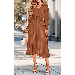 PRETTYGARDEN Women's Midi Long Puff Sleeve Summer Dresses 2024 Smocked Waist V Neck Flowy Ruffle Pleated Casual Long Dress (Brown,Medium)