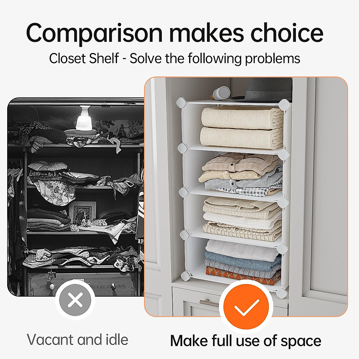 VIPZONE 4 Tier Closet Shelf, 12 inches Deep Stackable Closet Storage Shelves for Clothes,Easy Assembly Organizer Plastic Shelf Rack for Bedroom,White