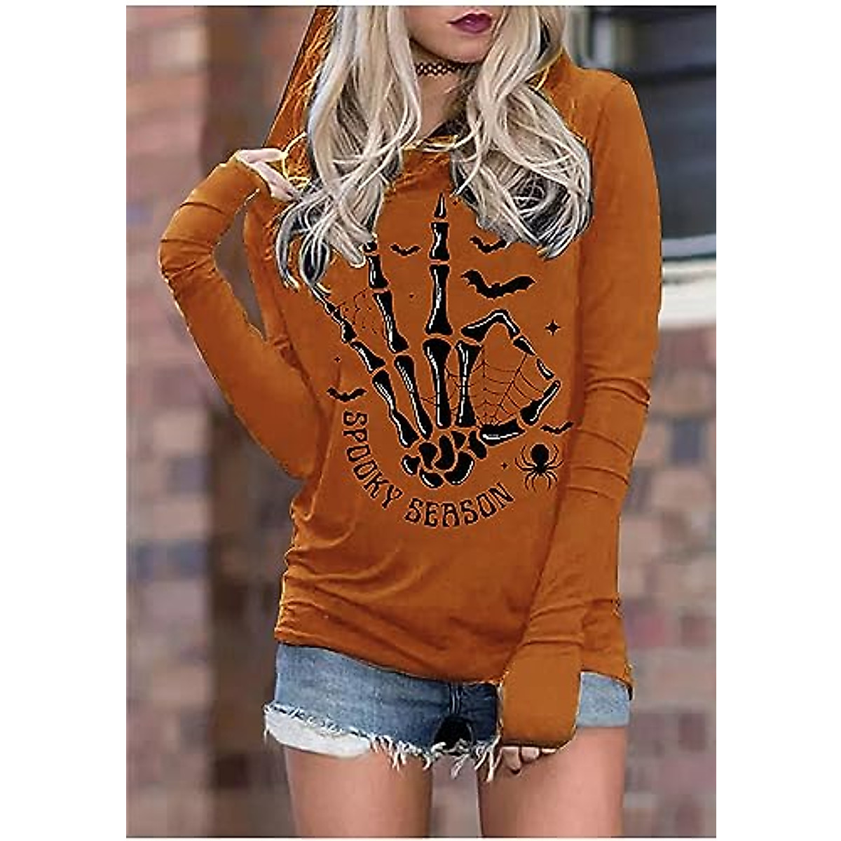 CHUNTIANRAN Halloween Shirts Spooky Season Skeleton Hand Spider Bat Hoodie T Shirts Women Casual Loose-Fit Long Sleeve Pullover Tops(Skeleton Orange-8,Medium)