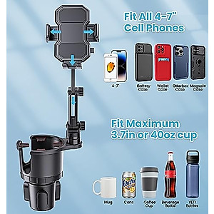 Cup Holder Phone Mount for Car, Adjustable Height Long Neck Cell Phone Cradle with Expandable Base, Car Truck Interior Accessories Compatible with iPhone Samsung Most Smartphones and Drink Bottles