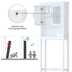 Spirich Over The Toilet Cabinet for Bathroom Storage, Above Toilet Storage Cabinet with Moru Tempered Glass Doors, White