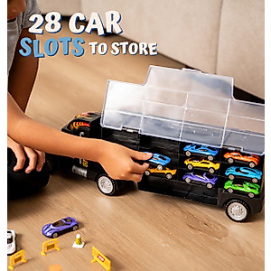 Toy Truck Transport Car Carrier Toy for Boys and Girls Age 3-10 yrs Old - Hauler Truck Includes 12 Toy Cars and Accessories - Car Truck Fits 28 Car Slots - Ideal Gift for Kids