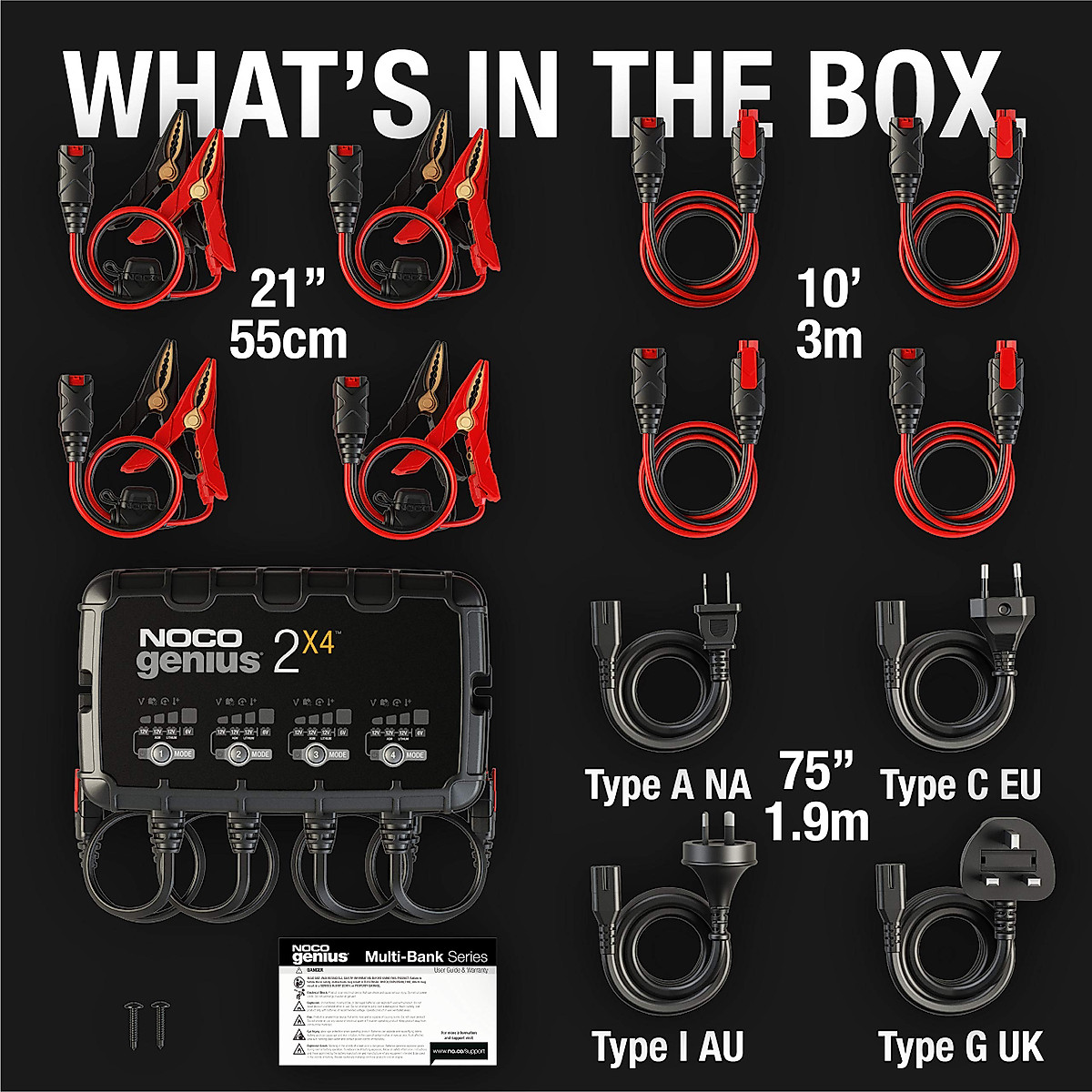 NOCO GENIUS2X4, 4-Bank, 8A (2A/Bank) Smart Car Battery Charger, 6V/12V Automotive Charger, Battery Maintainer, Trickle Charger, Float Charger and Desulfator for Motorcycle, ATV and Lithium Batteries