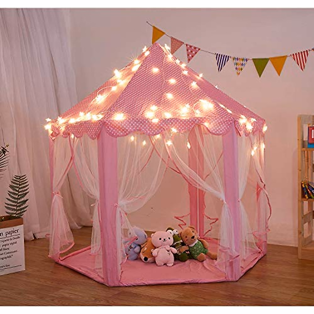 Gappys Princess Castle Tent with Star Light for Kids Children Girls Boys Baby 3/4/5/6/7/8/9 Year Old- Large Playhouse Funny Play Fairy Tent - Indoor and Outdoor Games (Pink), 55x53 inch