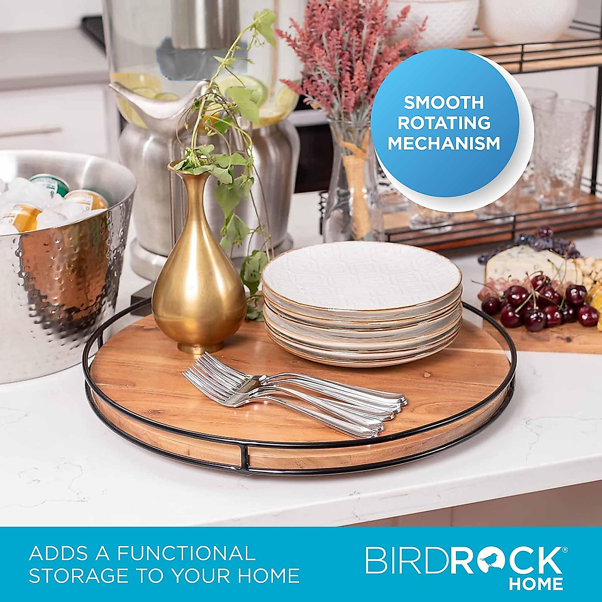 BIRDROCK HOME 18” Wooden Lazy Susan - Espresso - Iron Edges - Table Top Turntable - Cabinet or Pantry Organizer - Decorative Spice Rack Medicine Cleaning Spinning Table - Wood