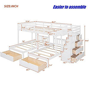 SNIFIT Latest Upgraded & Stronger Triple Bunk Bed Full Over 2 Twin Bunk Bed with Storage Drawers, Thickened Enhanced Solid Wood Triple Bunk Bed Frame with Safer Staircase, Easier to Assemble (White)