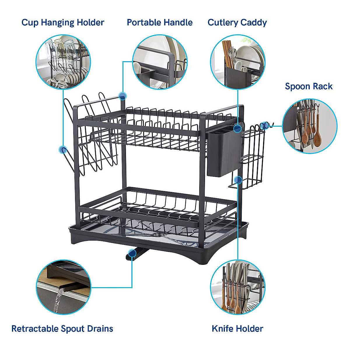 Flaovoth 2 Tier Dish Drying Rack, Dish Drainers for Kitchen Counter Dish Rack with Drying Drainboard, Adjustable Swivel Spout, Cutlery Caddy, Cup Hanging Holder, Spoon Rack and Knife Holder, Black