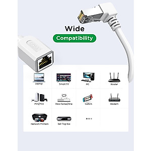 JUXINICE Right Angle Ethernet Extension Cable UPangle 1.5ft-White, 90 Degree CAT6 Ethernet Patch Cable RJ45 LAN Cable Extender Male to Female Connector for Router Modem Smart TV PC Computer Laptop
