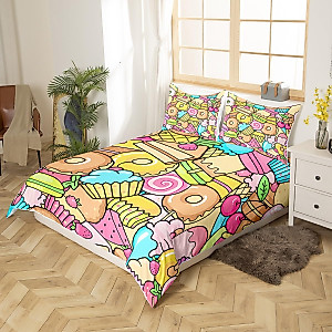 Feelyou Cartoon Ice Cream Duvet Cover Donut Cupcake Bedding Set for Kids Boys Girls Delicious Desert Comforter Cover Girls Sweets Bed Set 1 Duvet Cover with 1 Pillowcase Twin Size (No Comforter)