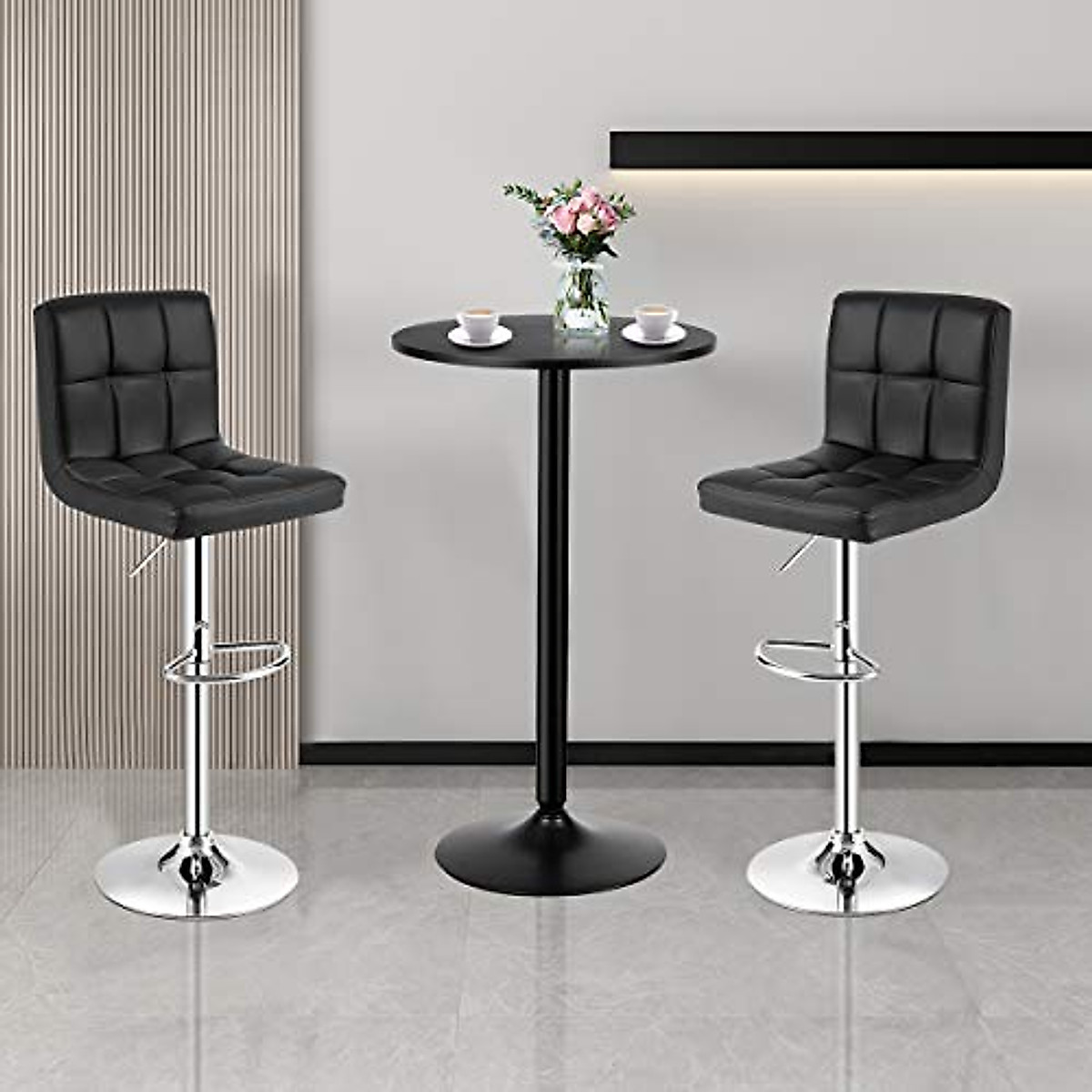 COSTWAY 3-Piece Bar Table Set, Round Cocktail Table and PU Leather Adjustable Swivel Chairs, Modern Counter Height Table Set with 2 Bar Stool for Kitchen, Office (Black)